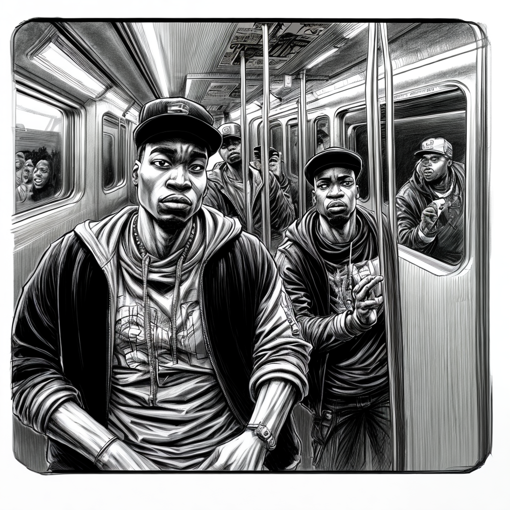 HIP HOP SUBWAY TRAIN. PORTRAIT. COMIC BOOK. SKETCH STYLE. BLACK AND WHITE.
