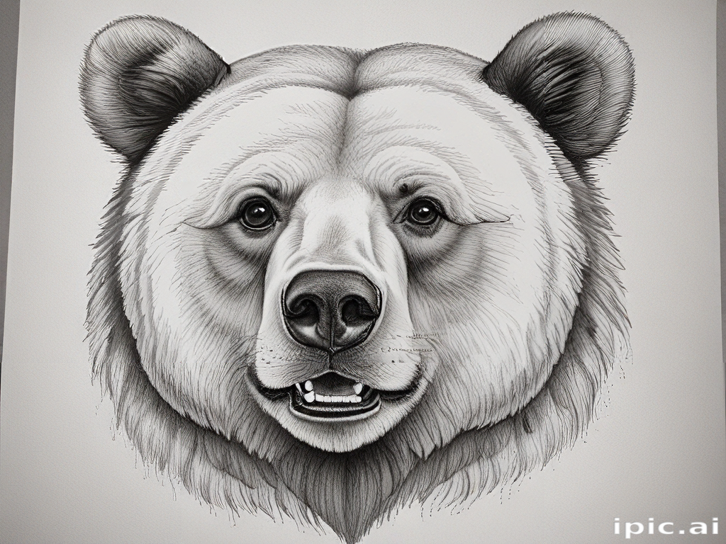 Intricate Sketch of a Grizzly Bear's Face with Detailed Fur Texture