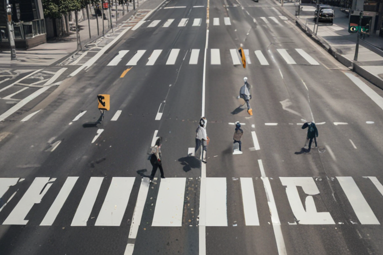 people crossing the intersection, advertising monitor, surveillance ...