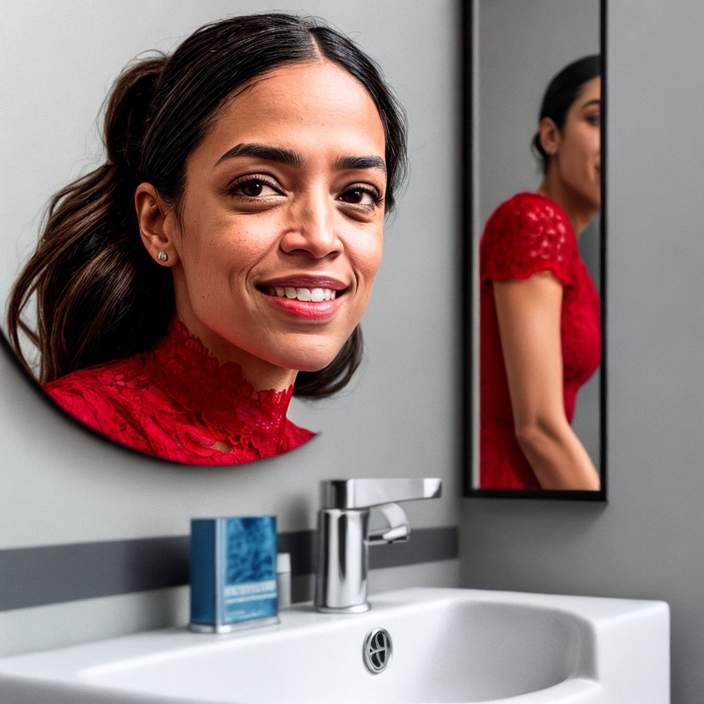 Alexandria Ocasio-Cortez in red lace in lavatory
