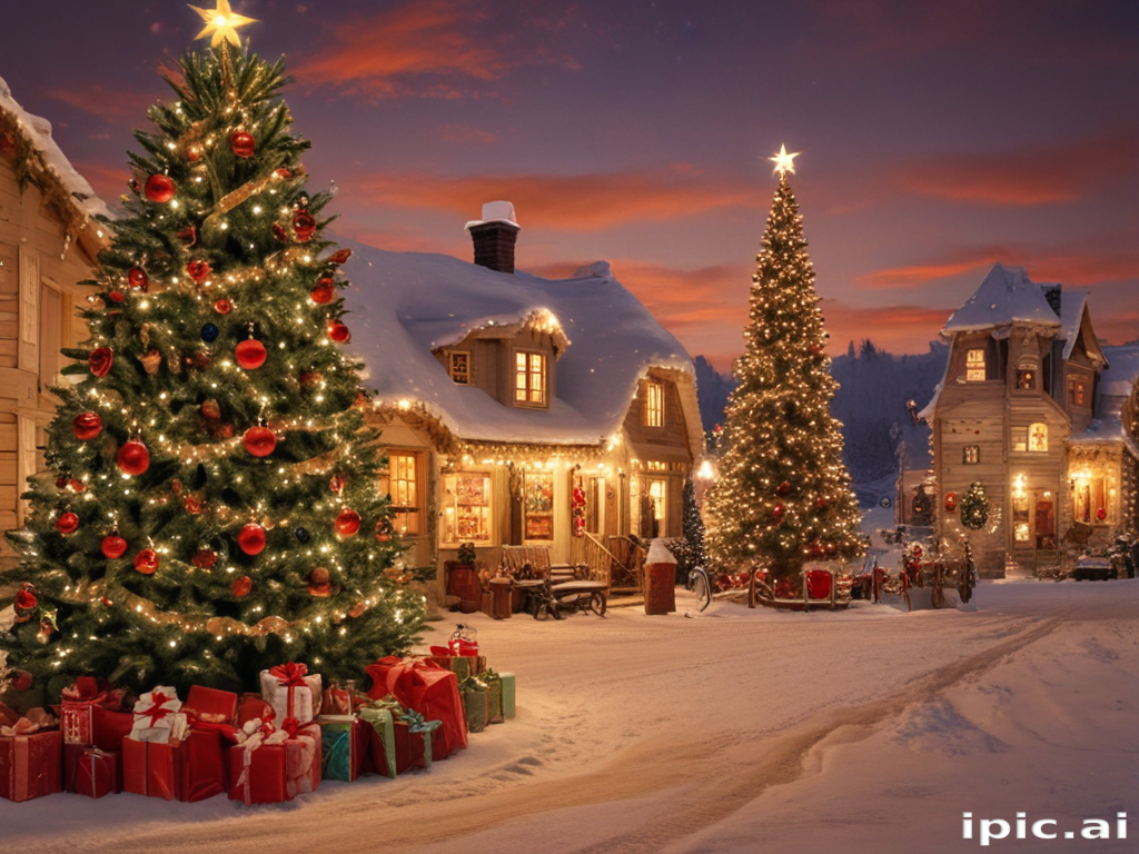 A Magical Winter Wonderland with Festive Christmas Trees and Decorations.
