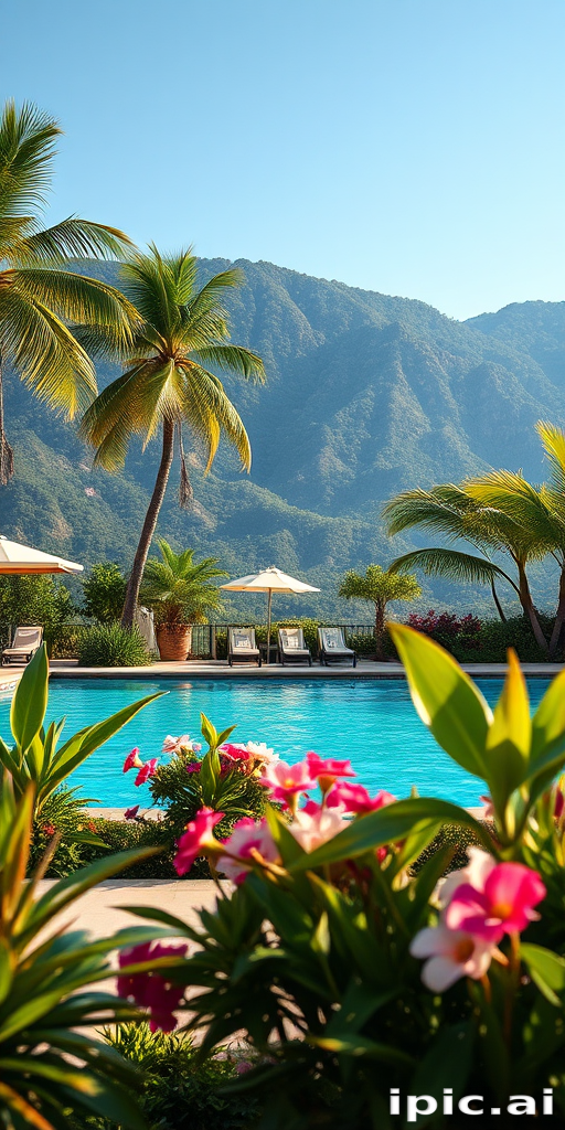 Tranquil Poolside Oasis Surrounded by Lush Mountains and Vibrant Flowers