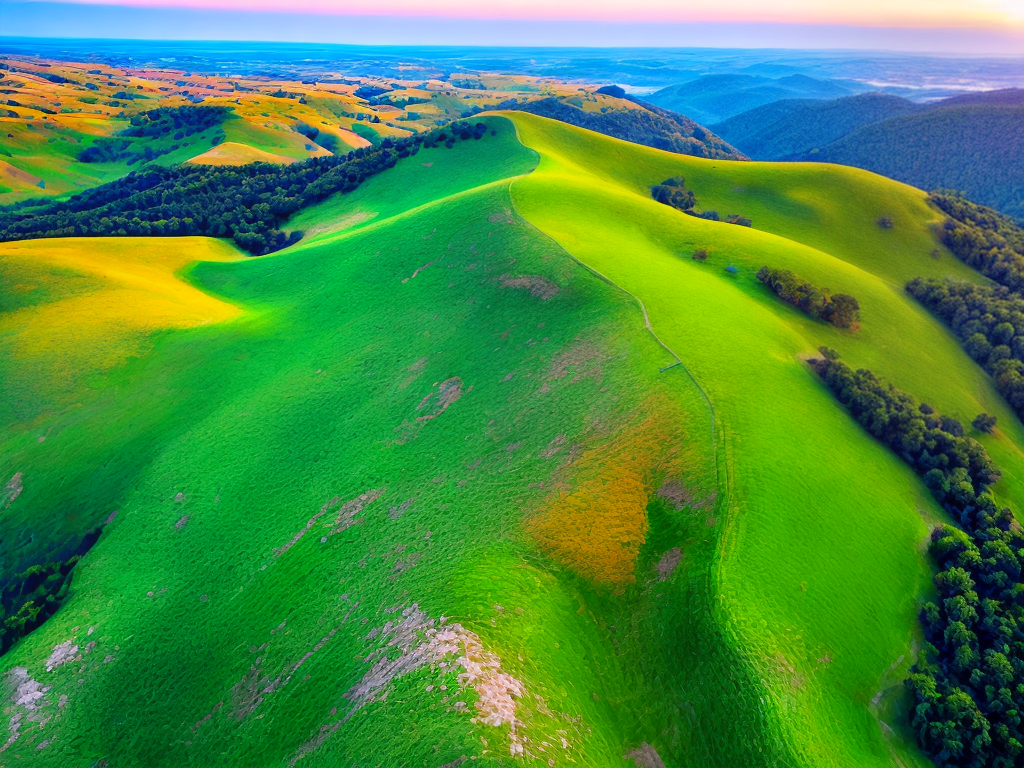 DRONE ON A MOUNTAIN HILL WITH SCENIC SUNSET