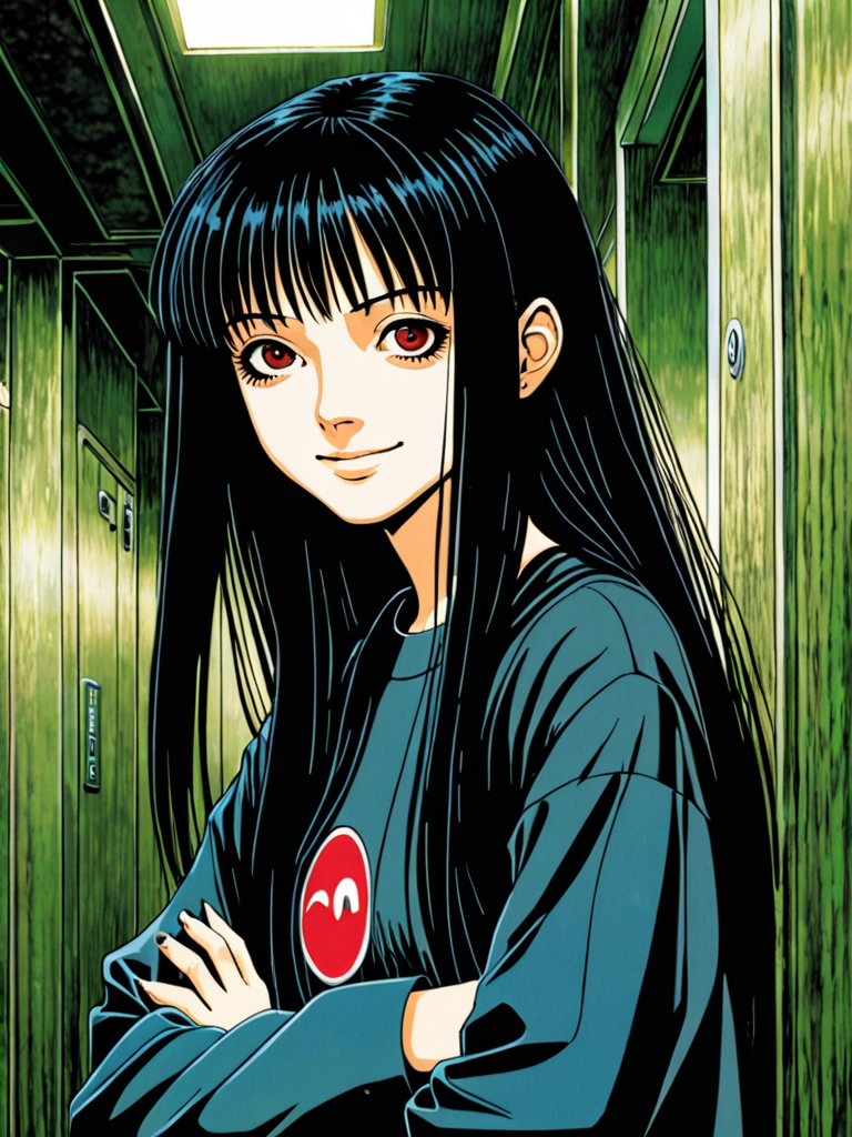 sci-fi, tomie, curtain bangs, cyberpunk, junji ito, lain, smile, dark