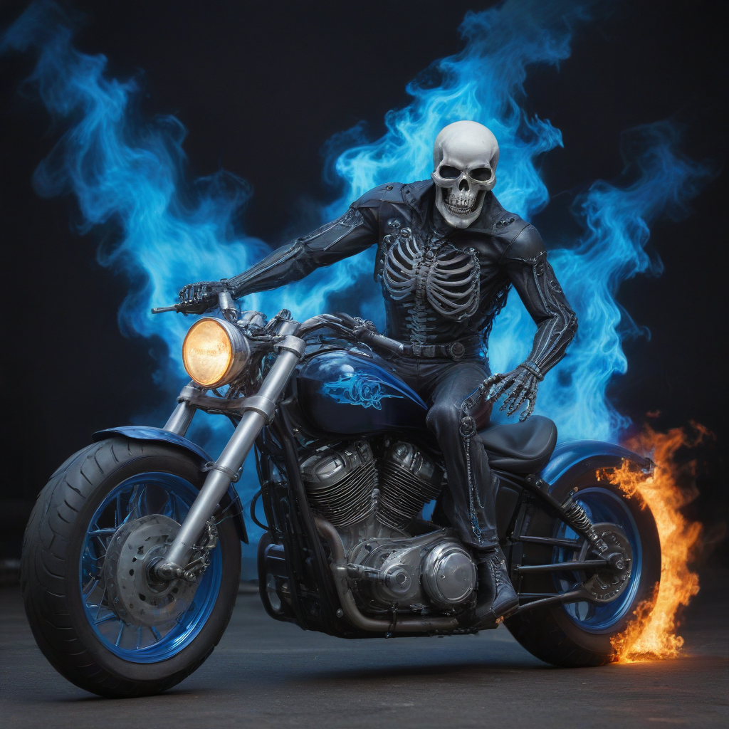 Wicked skeleton riding a motorcycle with blue flames in the background