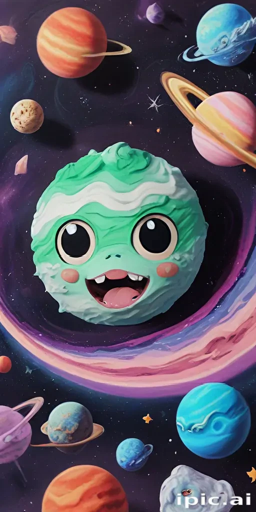 Joyful Cartoon Planet with Big Eyes Surrounded by Colorful Space Planets