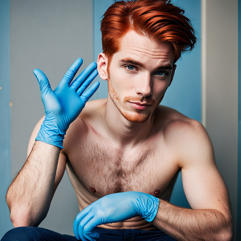 handsome slim emo guy with red hair and vet and nitrile blue gloves