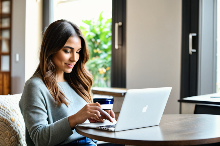 person browsing on her laptop in a bright living room setting with a coffee