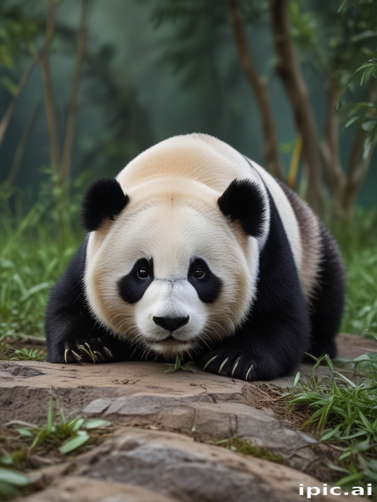 A Curious Giant Panda Exploring Its Natural Habitat in the Wild.