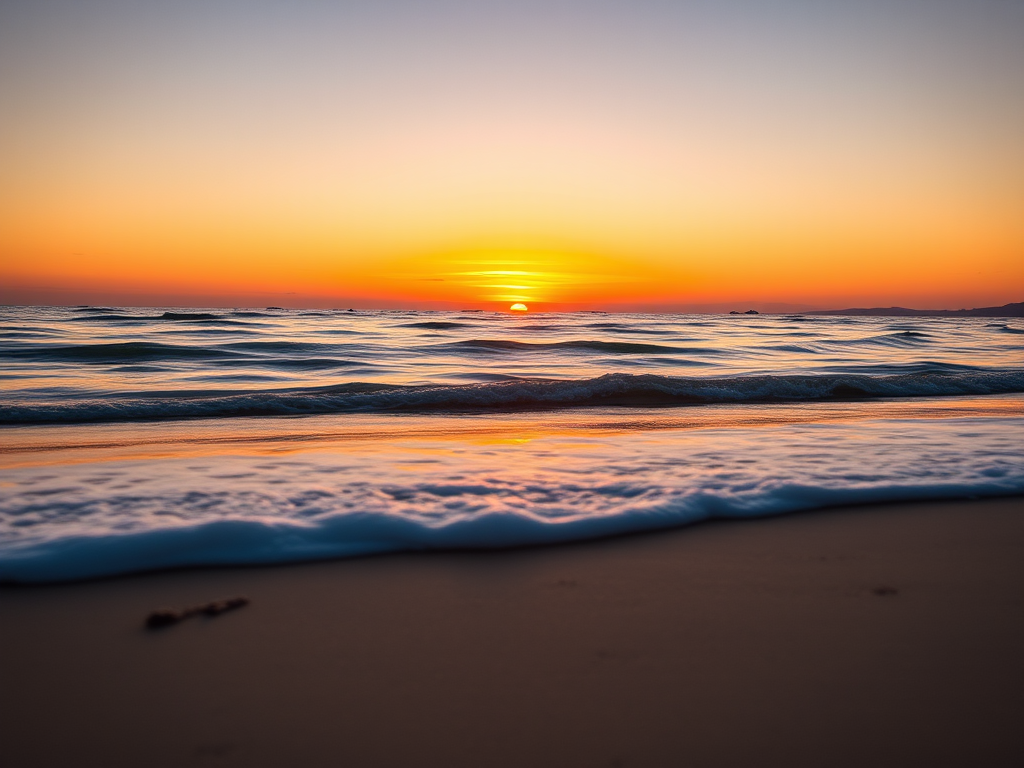 Serene Sunset Over Calm Ocean Waves on a Tranquil Beach Evening
