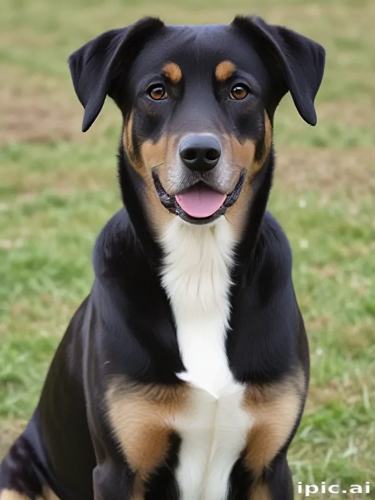 A Happy and Playful Dog Sitting in a Green Outdoor Field.