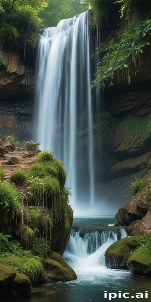 Majestic Waterfall Cascading Down Lush Green Mountains in Serene Nature