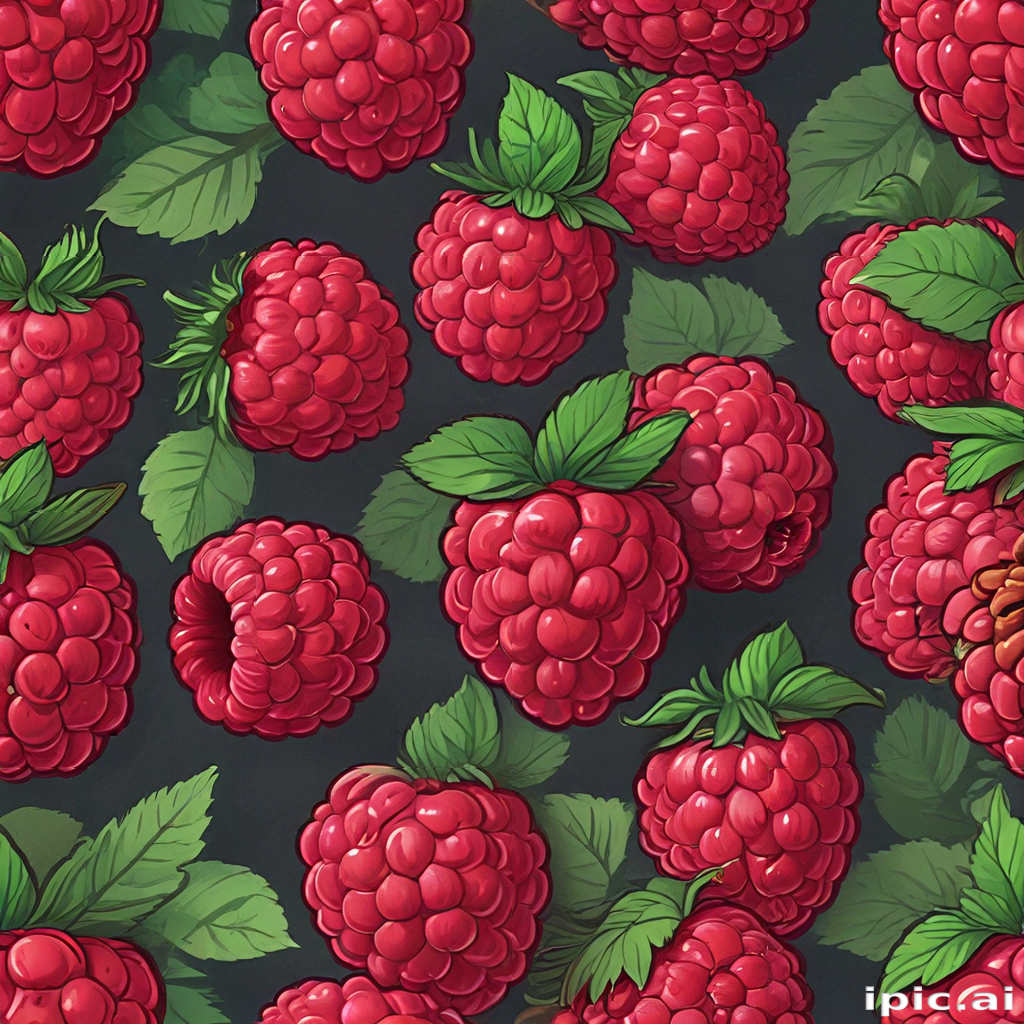 Vibrant Raspberry Pattern with Lush Green Leaves on a Dark Background