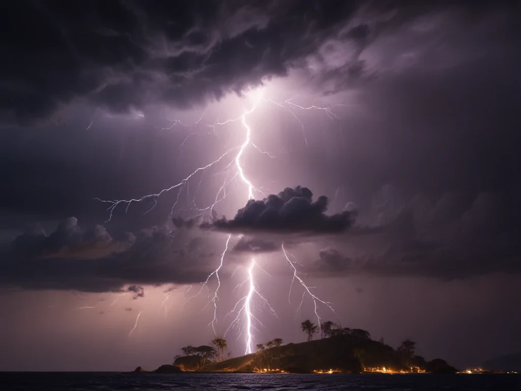 Majestic Lightning Strikes Dramatically Over an Island Amidst Stormy Skies