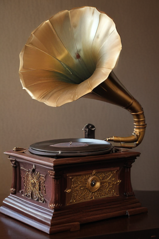 Elegant Antique Gramophone with a Golden Horn and Ornate Wood Base