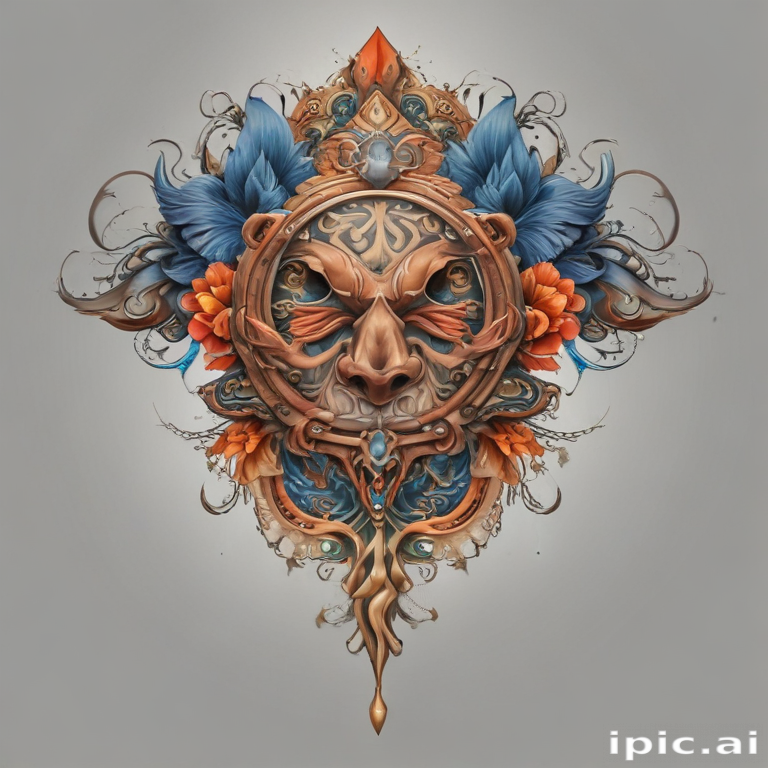 Intricate Mask Design Surrounded by Vibrant Flowers and Decorative Elements