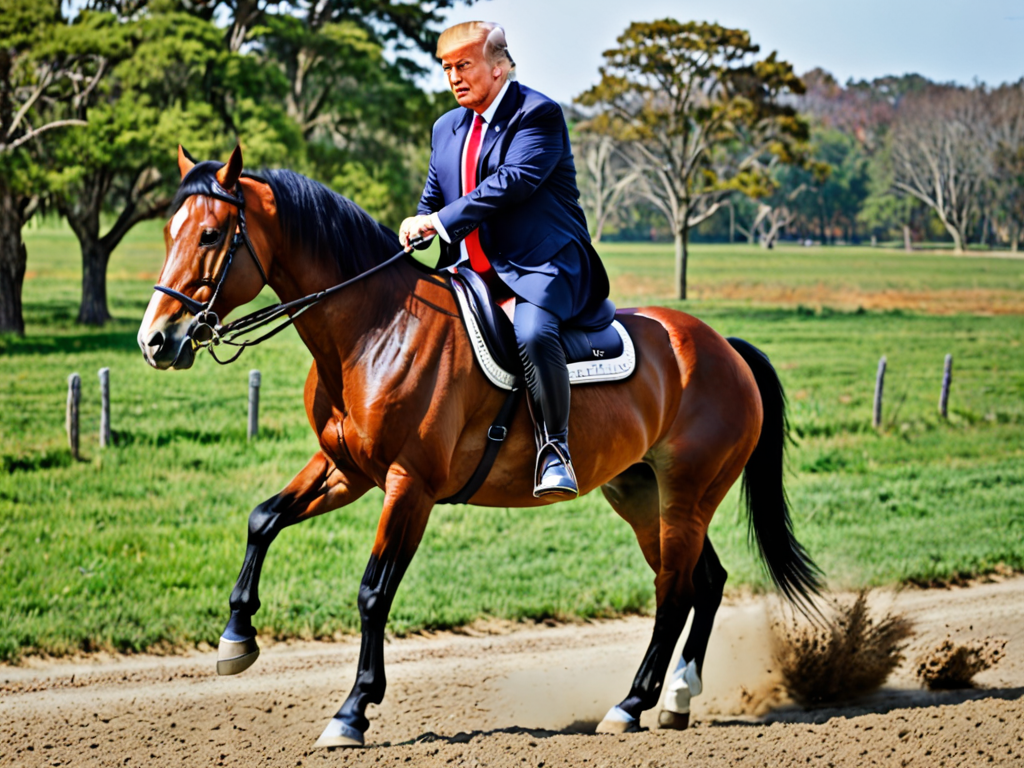 Donald trump riding a horse photo realistic