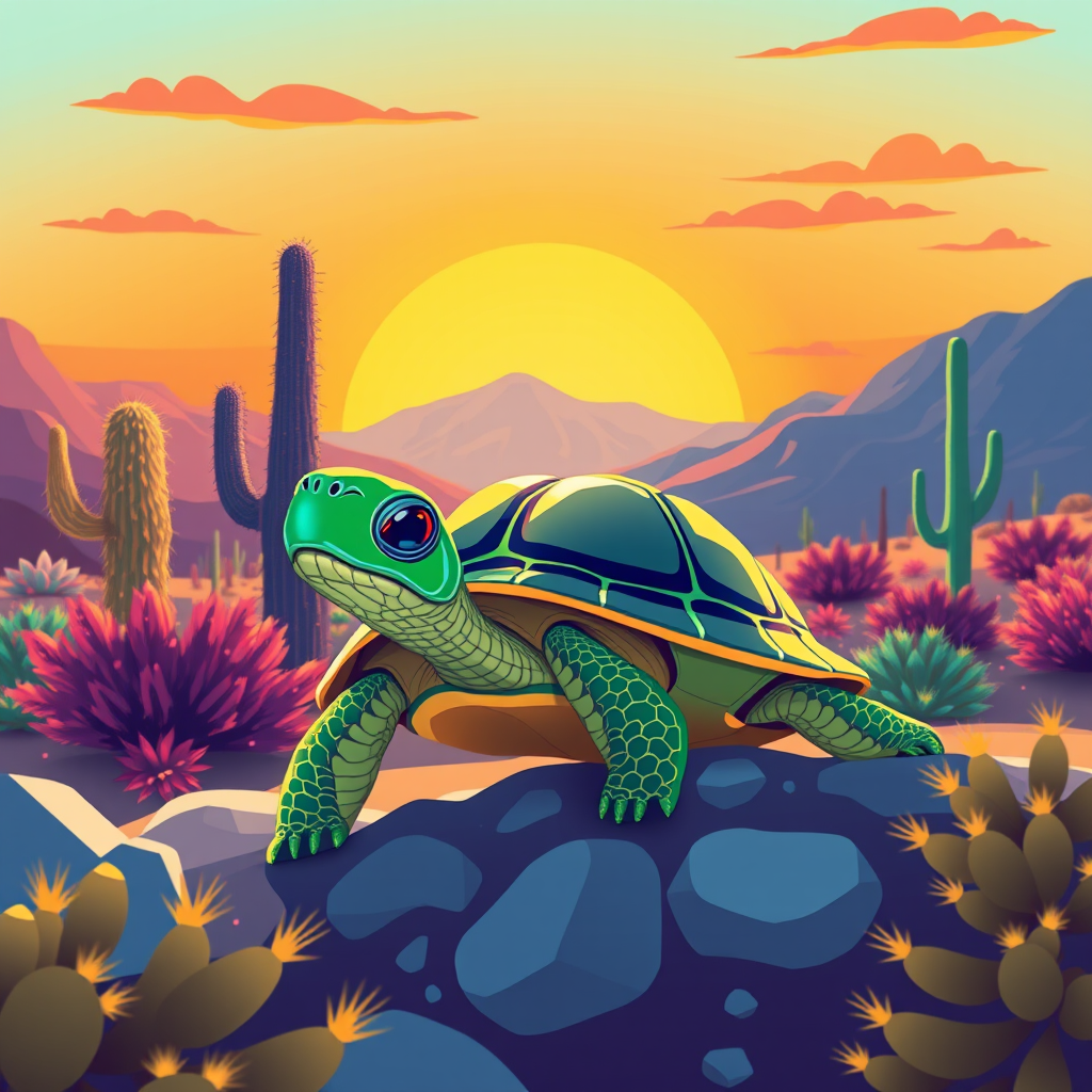 Colorful Desert Sunset with a Playful Turtle Among Vibrant Cacti Landscape