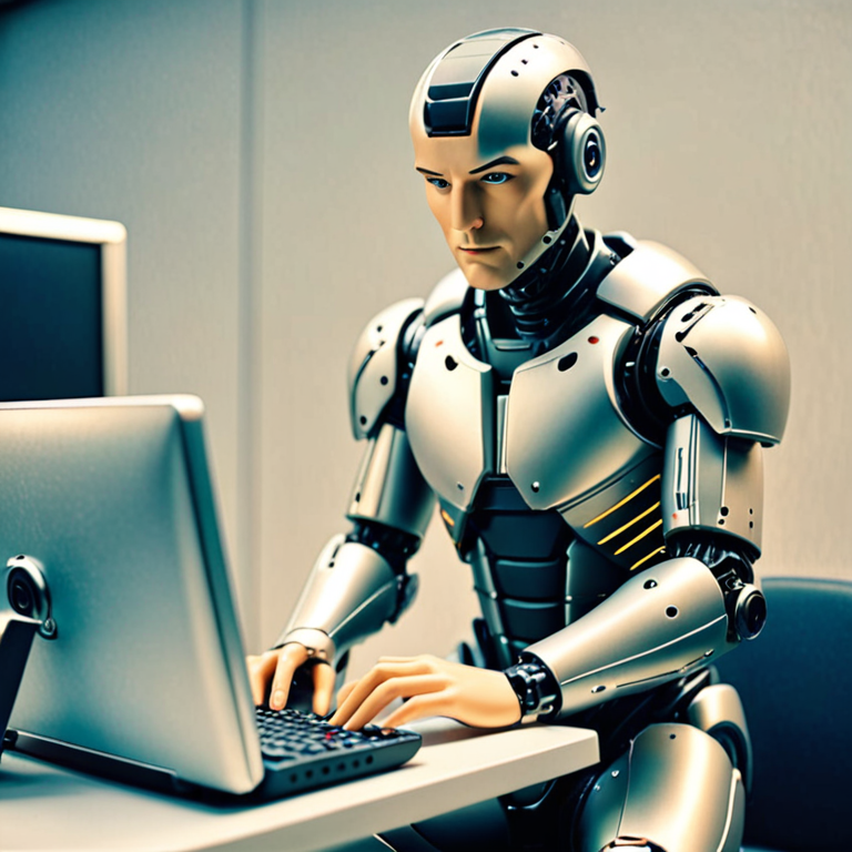 AI Coach figure sitting looking at a Computer typing on a keyboard