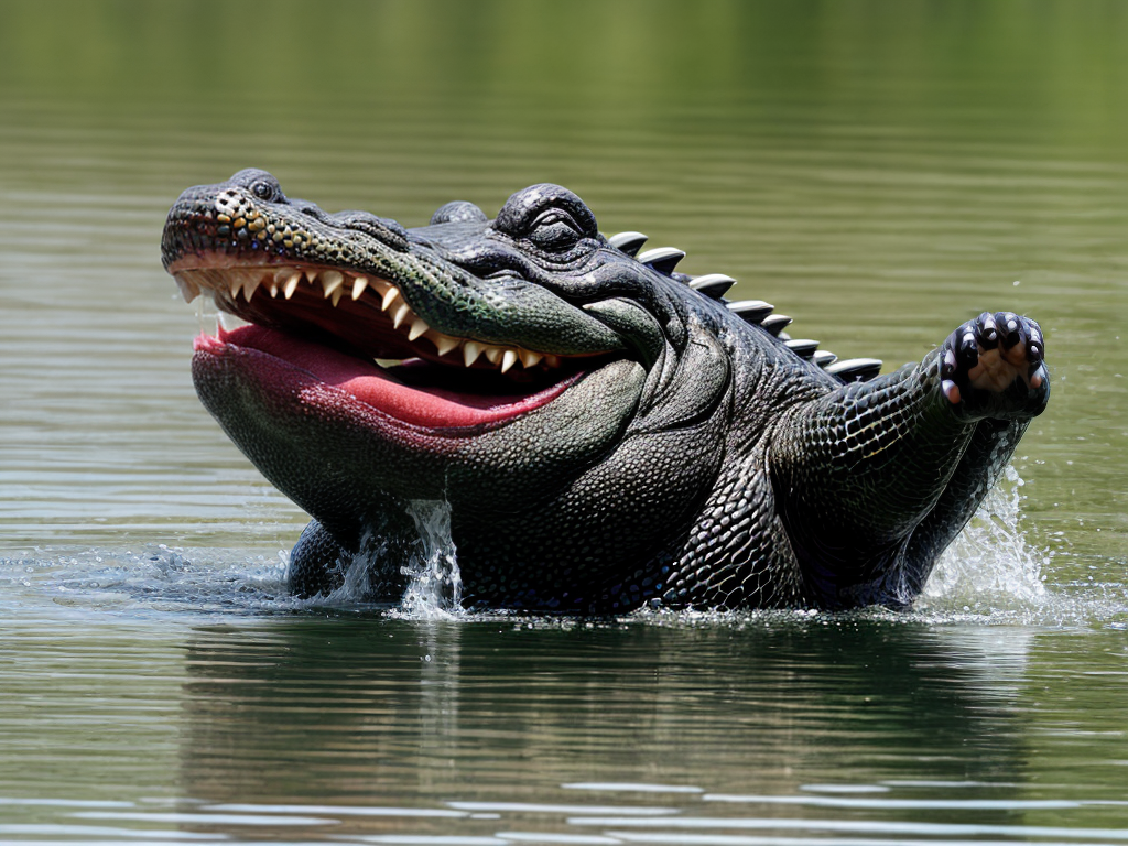 fat black man kicking an alligator in a pond