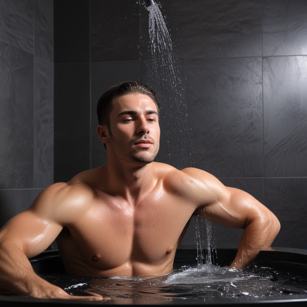 a muscular man washing himself in a black luxury bathroom, there's ...