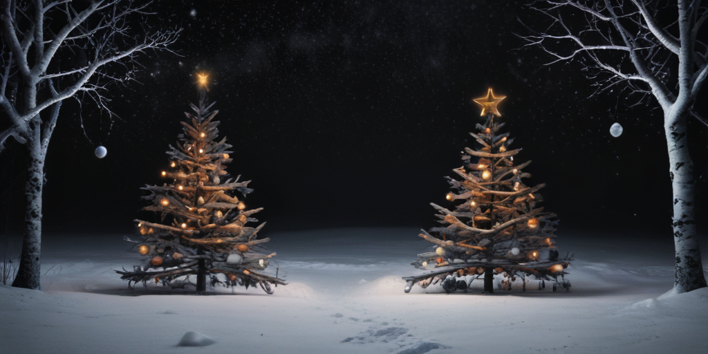 Enchanting Winter Scene Featuring Two Beautifully Decorated Christmas Trees