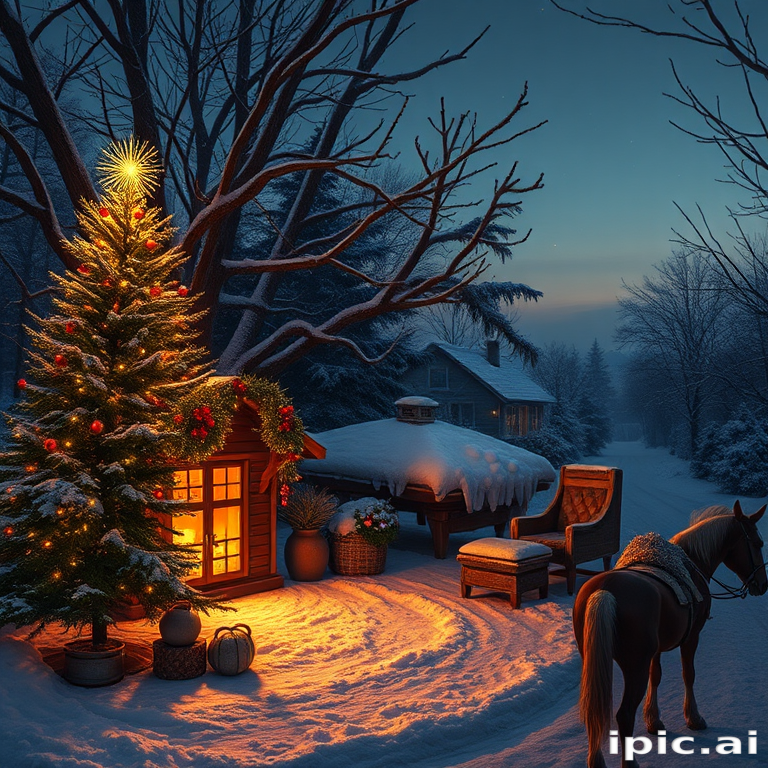 Cozy Winter Evening Scene with Christmas Tree and Snowy Landscape
