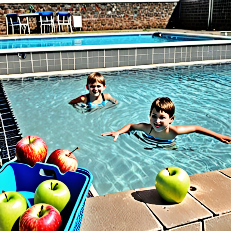 Apples in a basket, at a pool, 4th grade pupils playing, swimming lessons