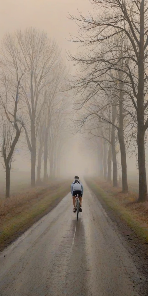 Solitary Cyclist Riding Through a Misty Forest Path on a Foggy Morning