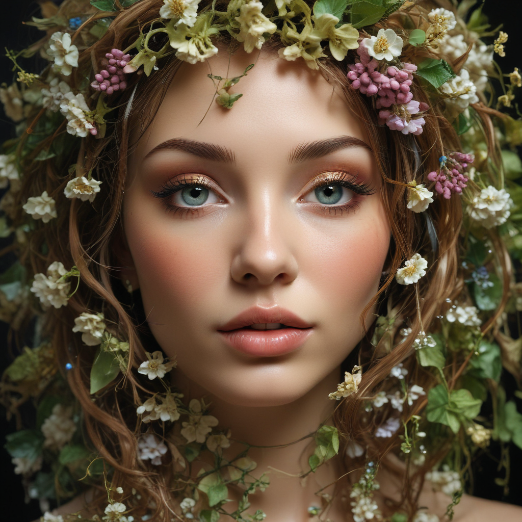 Enchanting Portrait of a Woman Adorned with Delicate Floral Accents