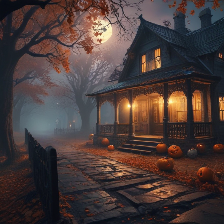 Enchanting Autumn Night: A Haunted House Surrounded by Pumpkins and Fog