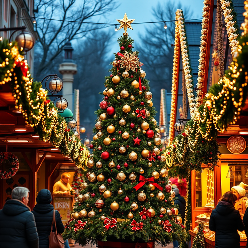 Enchanting Christmas Market Scene with a Beautifully Decorated Tree