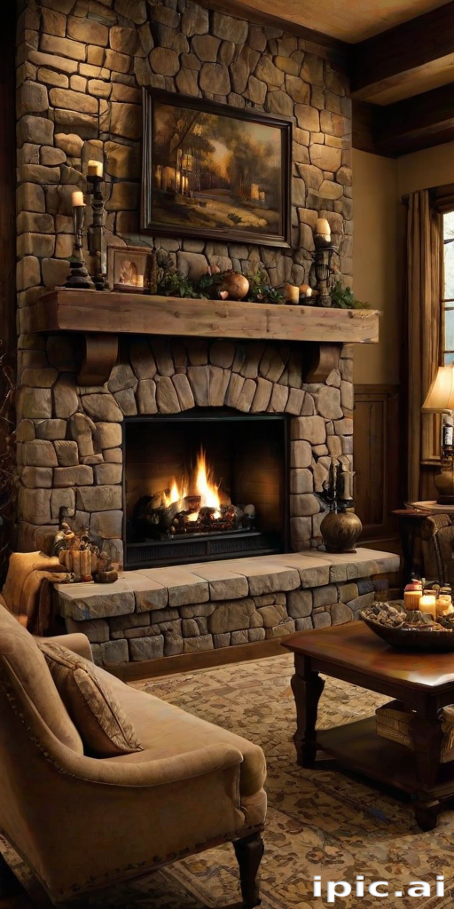 Cozy Living Room with Rustic Stone Fireplace and Warm Atmosphere