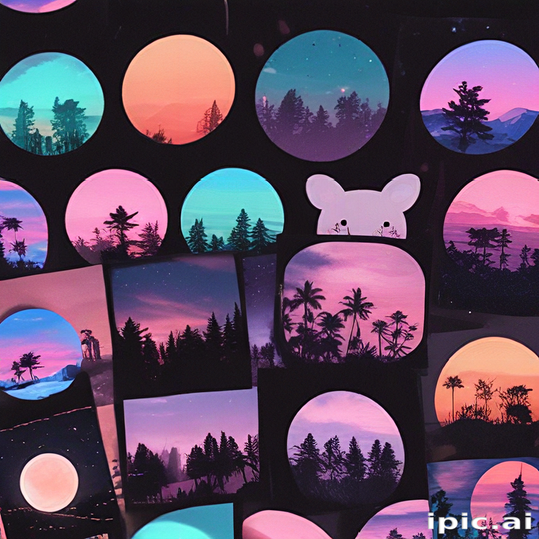 Colorful Collage of Circular Nature Scenes with a Playful Character Peeking