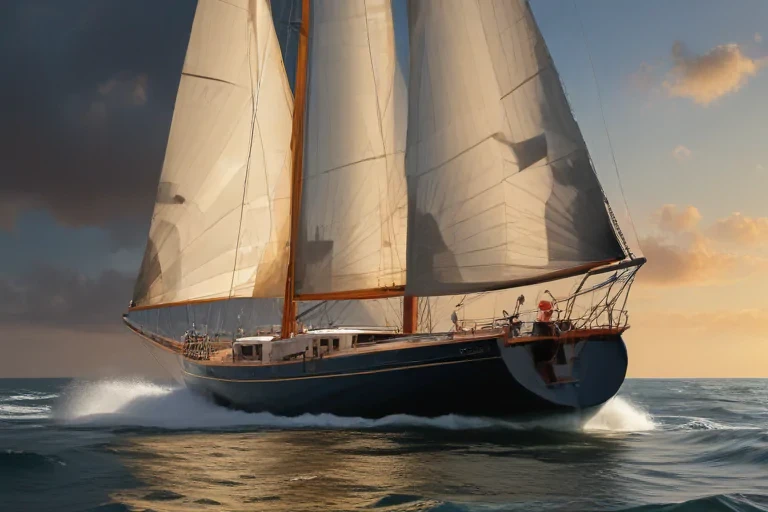 A Majestic Sailboat Gliding Through the Calm Ocean at Sunset.