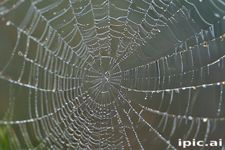 Delicate Spider Web Adorned with Glimmering Dew Drops in Morning Light