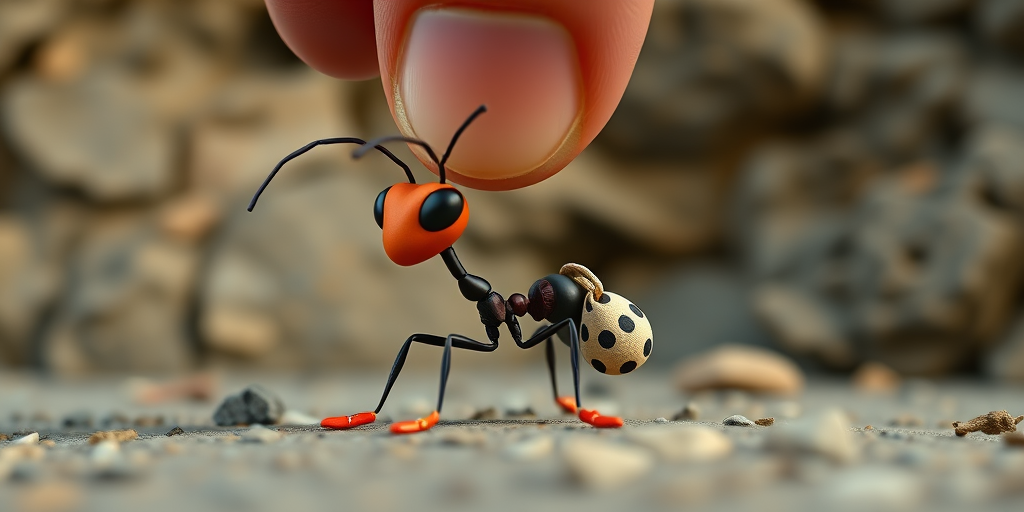 A Tiny Ant with a Backpack Being Playfully Held by a Finger