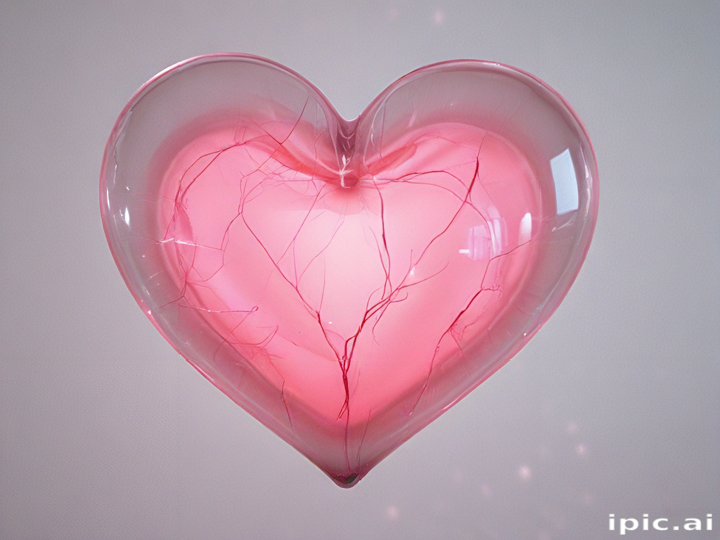 A Delicate Glass Heart with Intricate Patterns Glowing Softly in Pink
