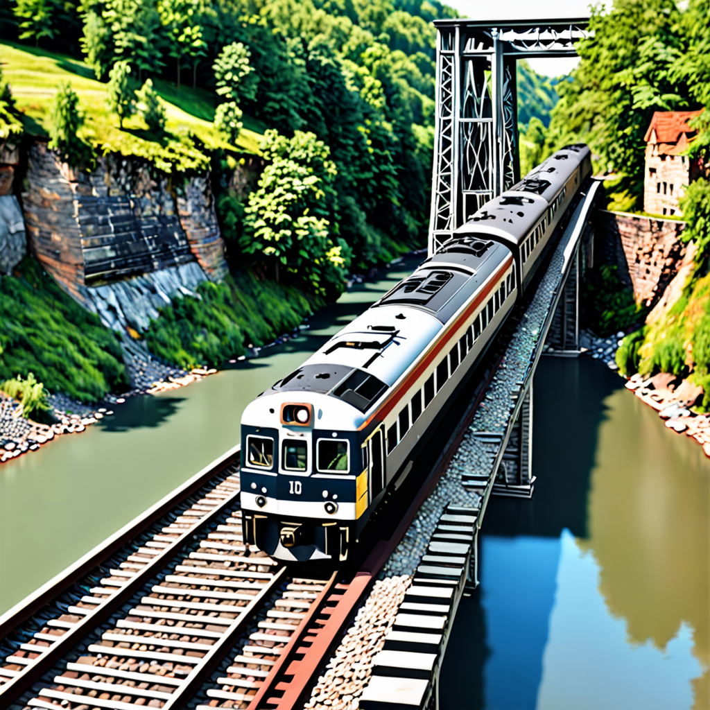 crashed train on bridge over river realistic