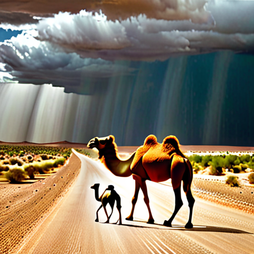 camel with baby camel on a long journey in a stormy desert