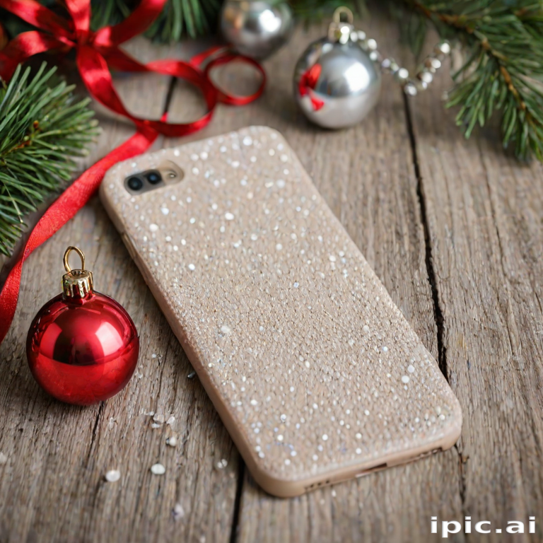 Festive Holiday Decor Featuring a Glittery Phone Case and Ornaments