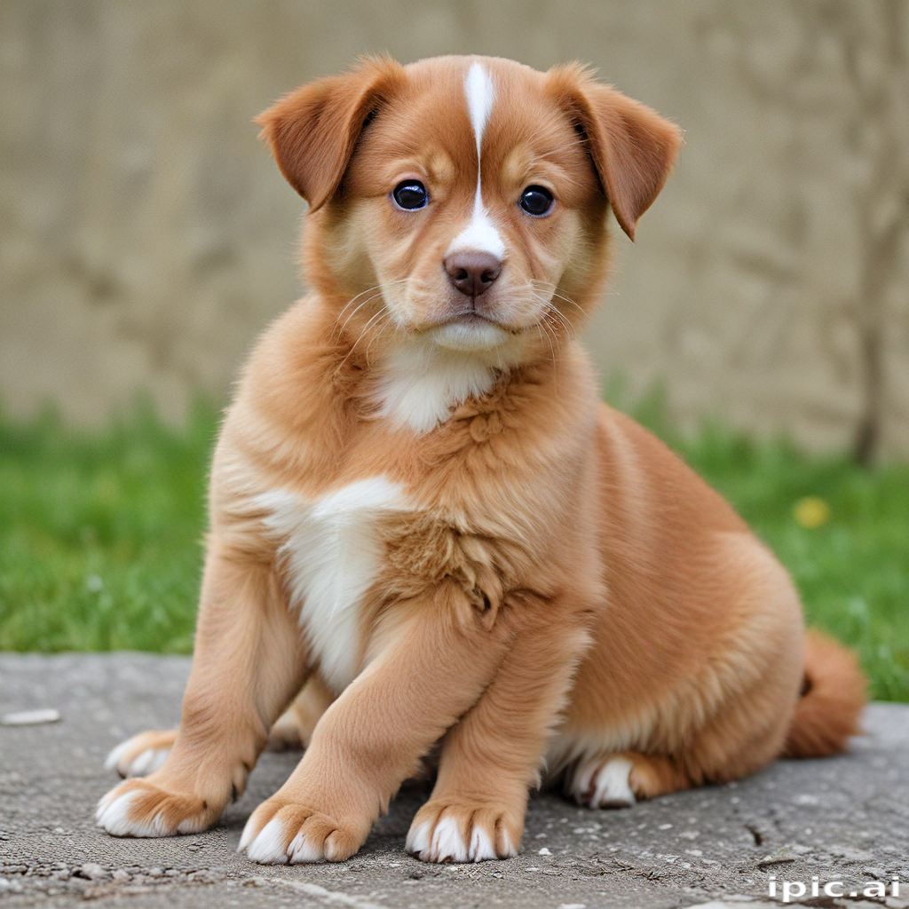 Adorable Puppy with Fluffy Fur Sitting Playfully on a Sunny Day.
