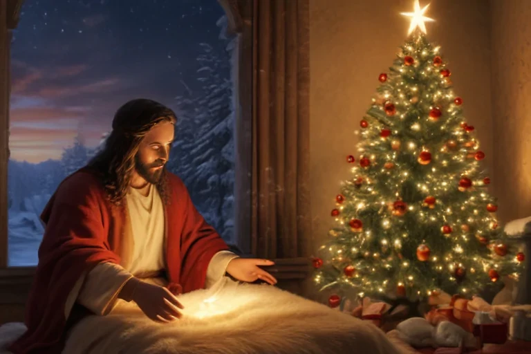 Jesus Christ Illuminating the Spirit of Christmas by a Festive Tree