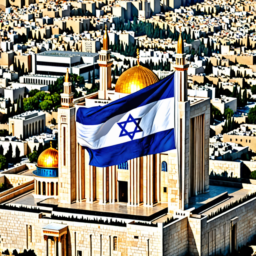 Jewish third temple with israel flag