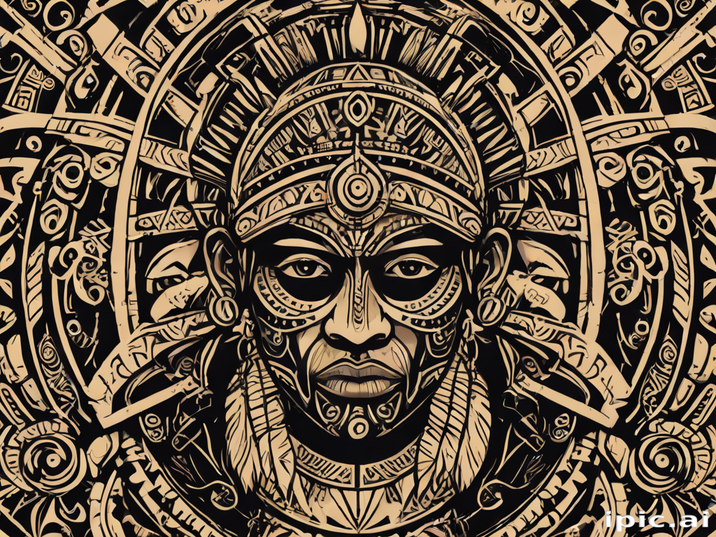 Intricate Tribal Artwork Featuring a Majestic Face Surrounded by Patterns