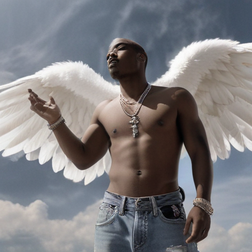 Tupac Shakur standing in front of heaven with angel wings