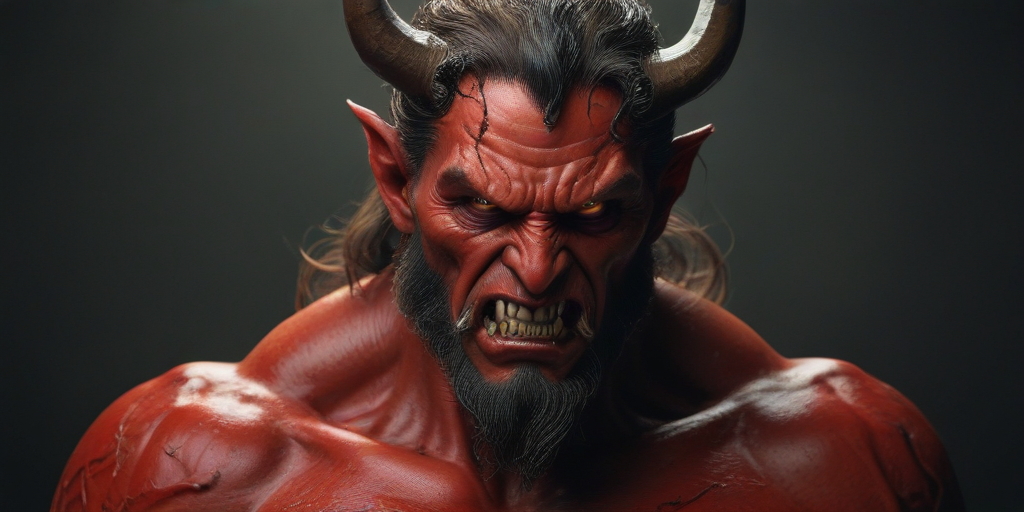 Intense Portrait of a Fierce, Muscular Demon with Horns and Gripping ...