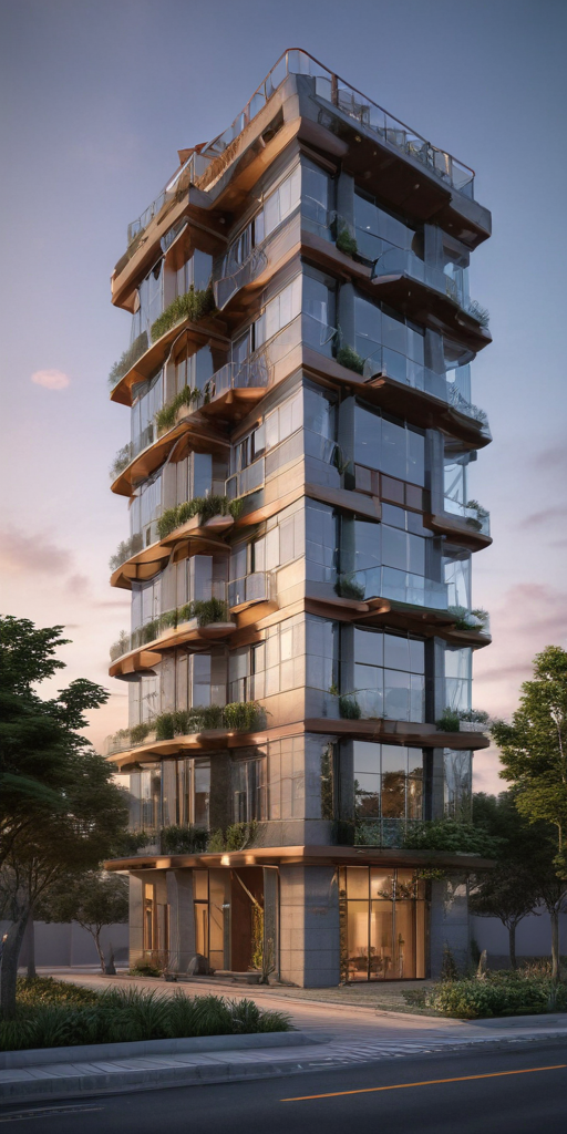 Modern Architectural Marvel: A Stylish Multi-Story Building with Green Balconies