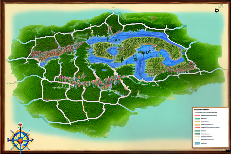 Create a map that has nine regions slash towns circling one larger region