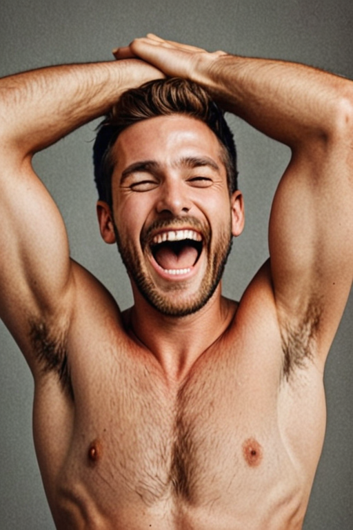 man shows armpits laughing
